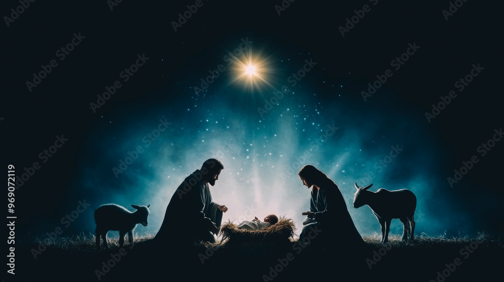 Nativity Scene with Holy Family and Star of Bethlehem at Night Stock ...