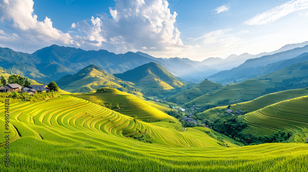 Terraced rice field in harvest season in Vietnam. Landscape of rice ...