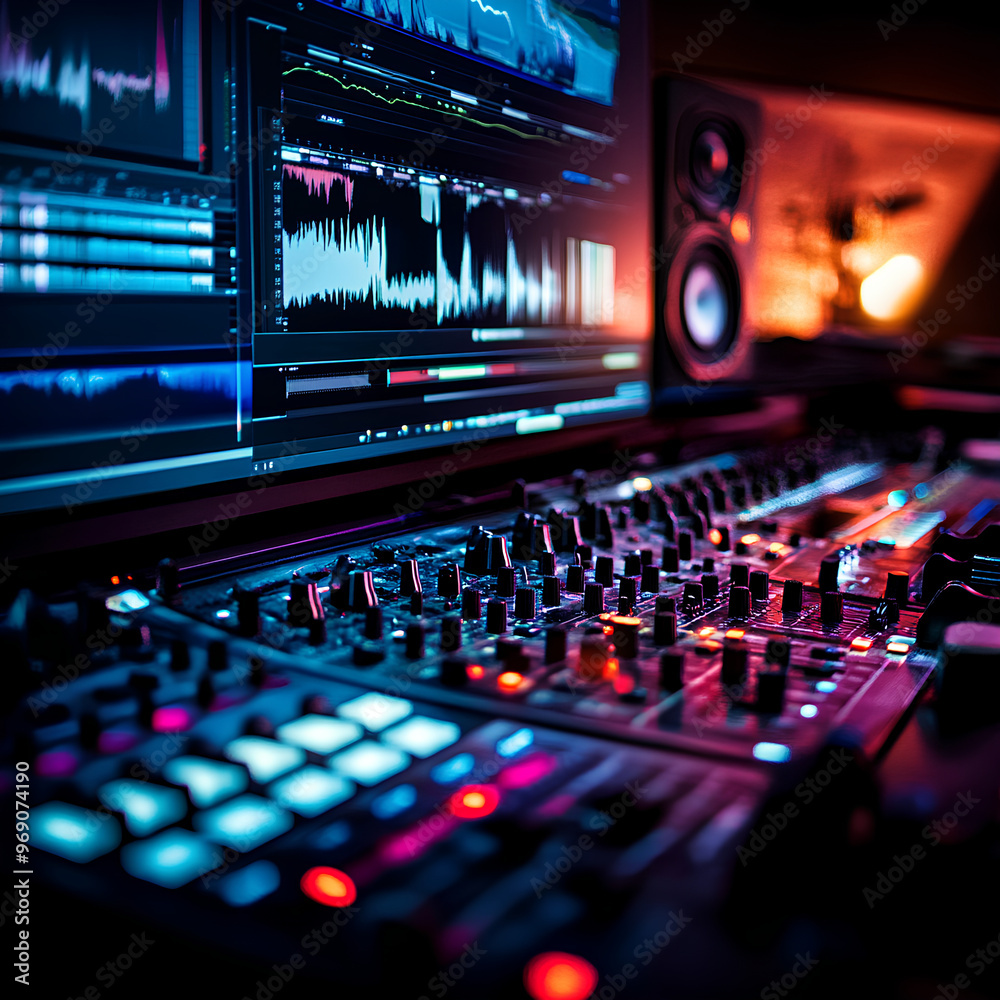 Audio video editing background with professional software interface and ...