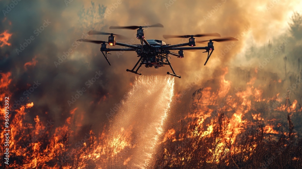 Futuristic autonomous fire-fighting drones extinguishing wildfires from ...