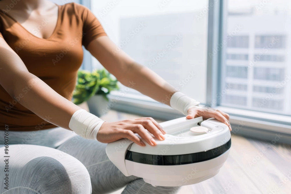 Woman using bioimpedance body scale bioimpedancia Woman using ...
