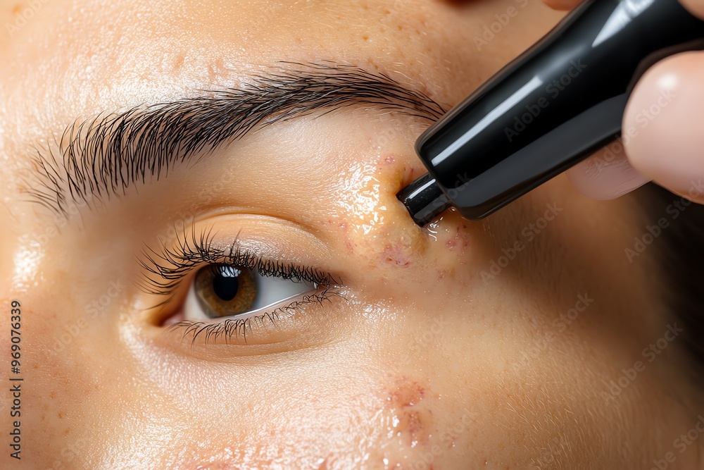 Acne breakout on the forehead in a close-up image, illustrating common ...