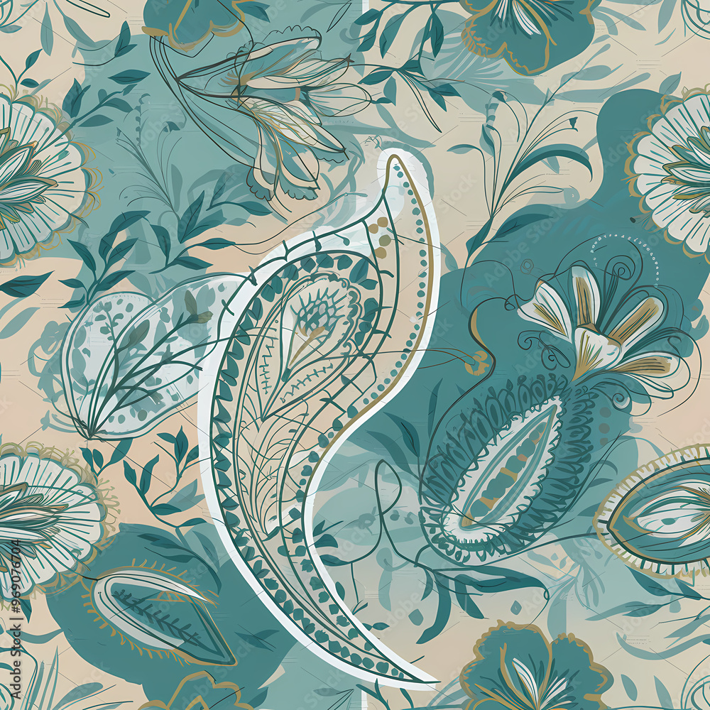 paisley and floral element pattern, muted colors , a fusion of modern ...
