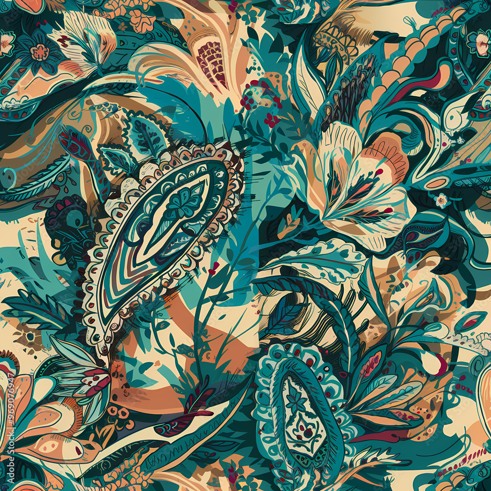 paisley and floral element pattern, muted colors , a fusion of modern ...