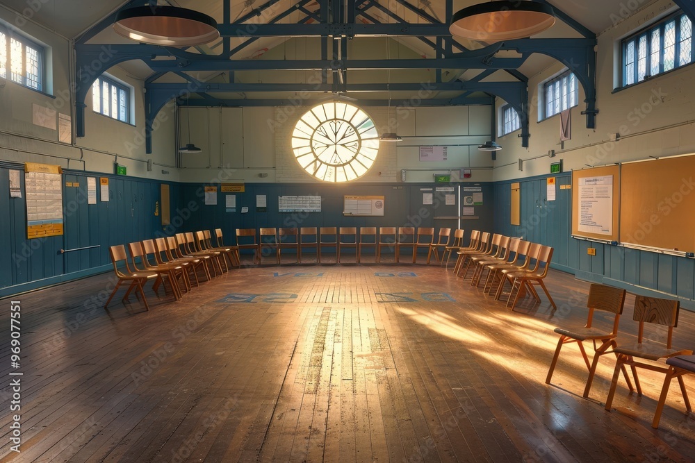 Empty Community Hall with Chairs in a Circle Wide shot of an empty ...