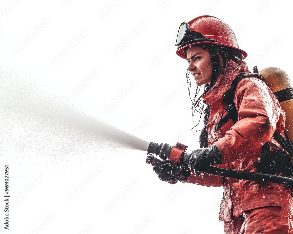 Firefighter woman operating a highpressure water hose, pure white ...