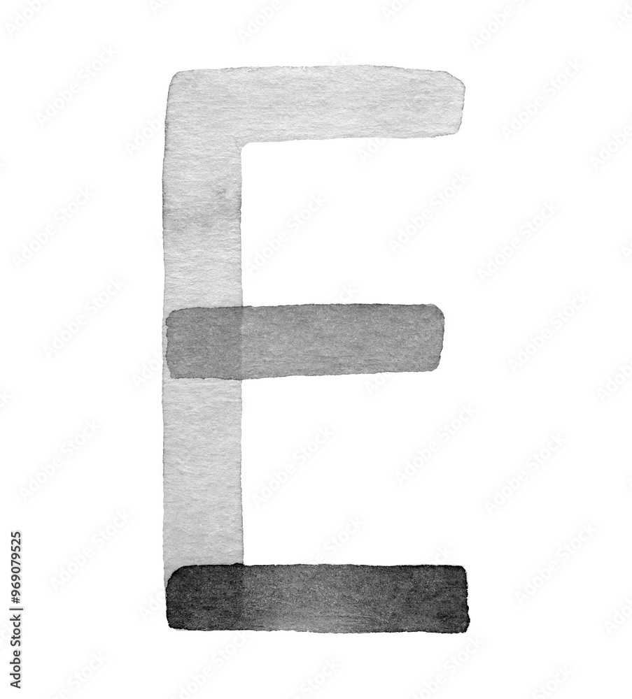 Black and white watercolor illustration of uppercase "E" with soft ...