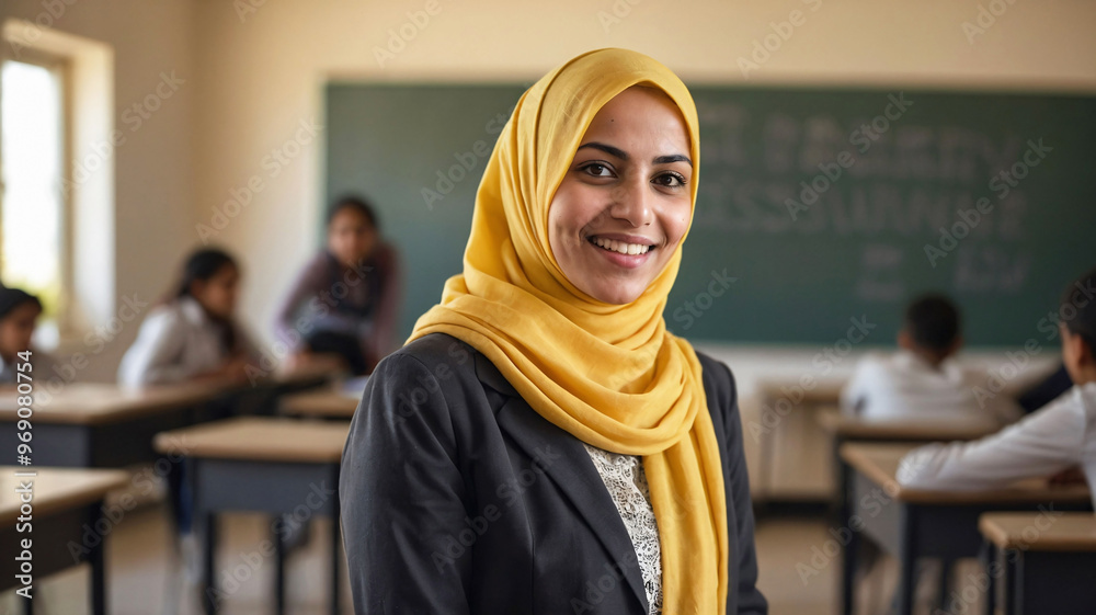 Happy Muslim woman teacher wearing hijab is standing in school ...