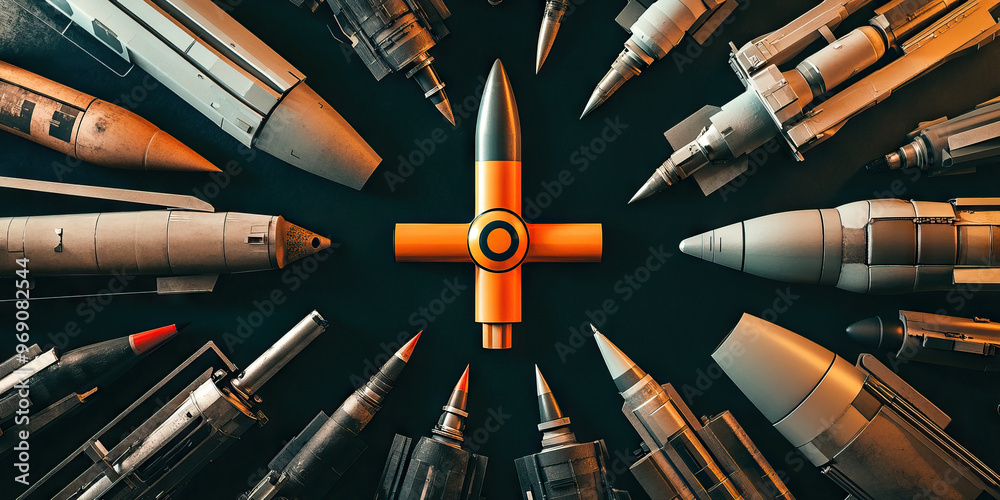 Nuclear Age: A vintage atomic bomb symbol, surrounded by modern day ...