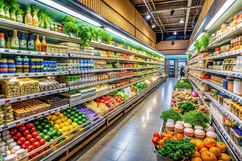 A busy supermarket aisle with a colorful array of packaged goods, fresh ...