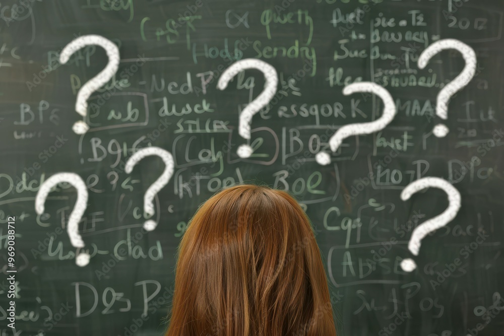 Chalk question marks above woman at blackboard Chalk question marks ...