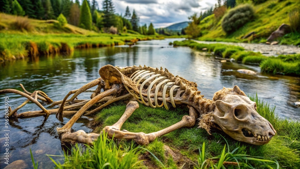 A decaying beaver skeleton sprawls on the grassy riverbank, its ancient ...