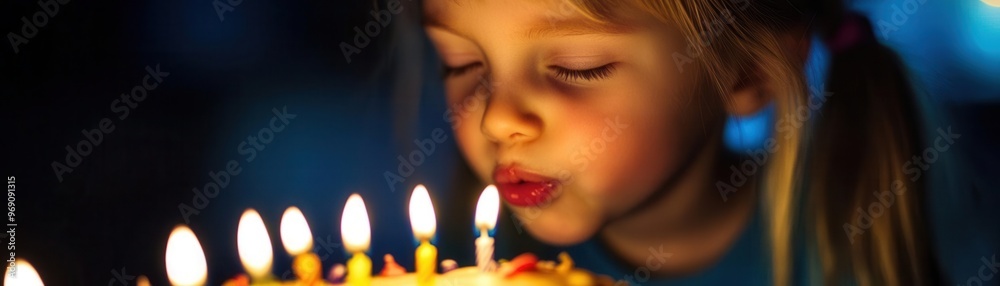 Birthday candles lit on a cake, with a child making a wish before ...