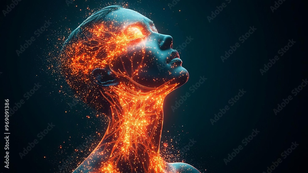 Abstract human figure with glowing red nerves radiating from a single ...