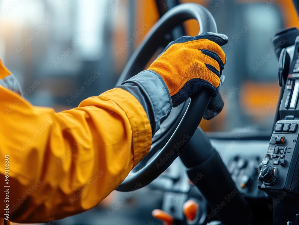Close-up of a construction worker's gloved hands gripping the steering ...