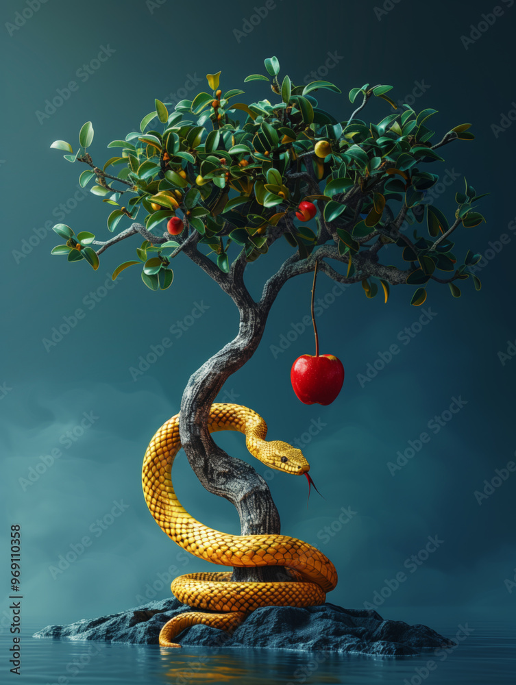 Golden serpent coiled around a tree with a hanging red apple ...