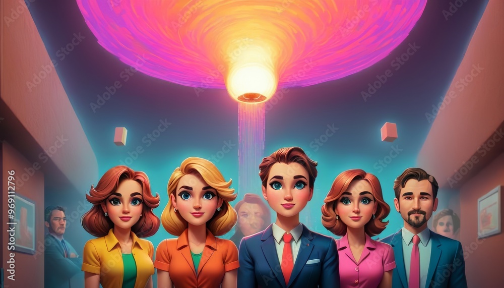 Group of animated characters stand beneath a vibrant, swirling light ...