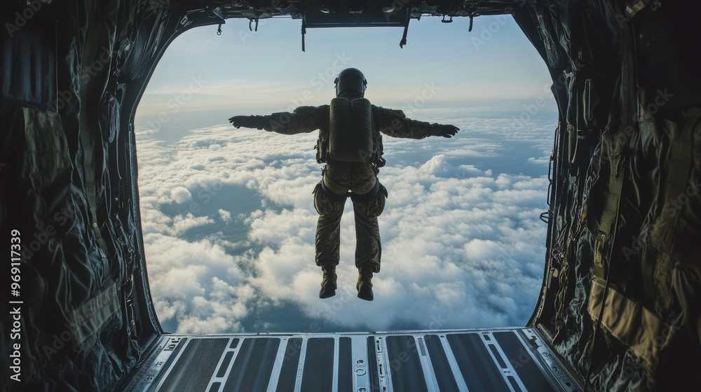 A military paratrooper in full gear jumps out of an aircraft, free ...