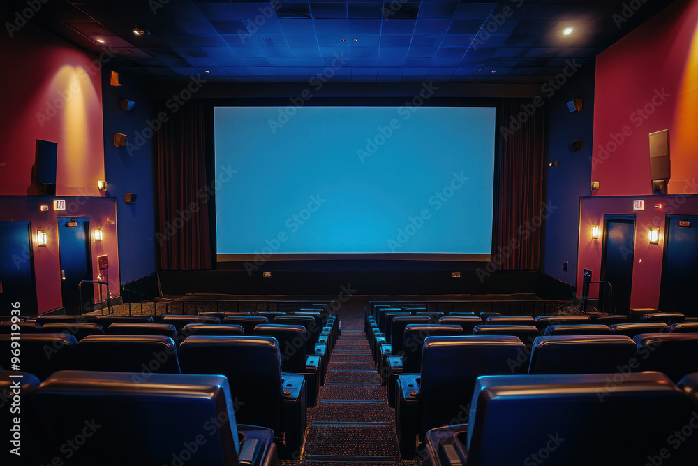 Movie theater with blank screen. The seats are empty. The theater is ...