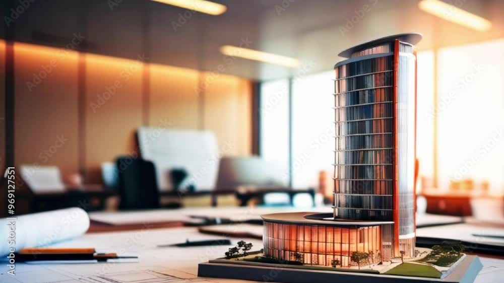 Scale model of a modern skyscraper with a curved base, sitting on a ...