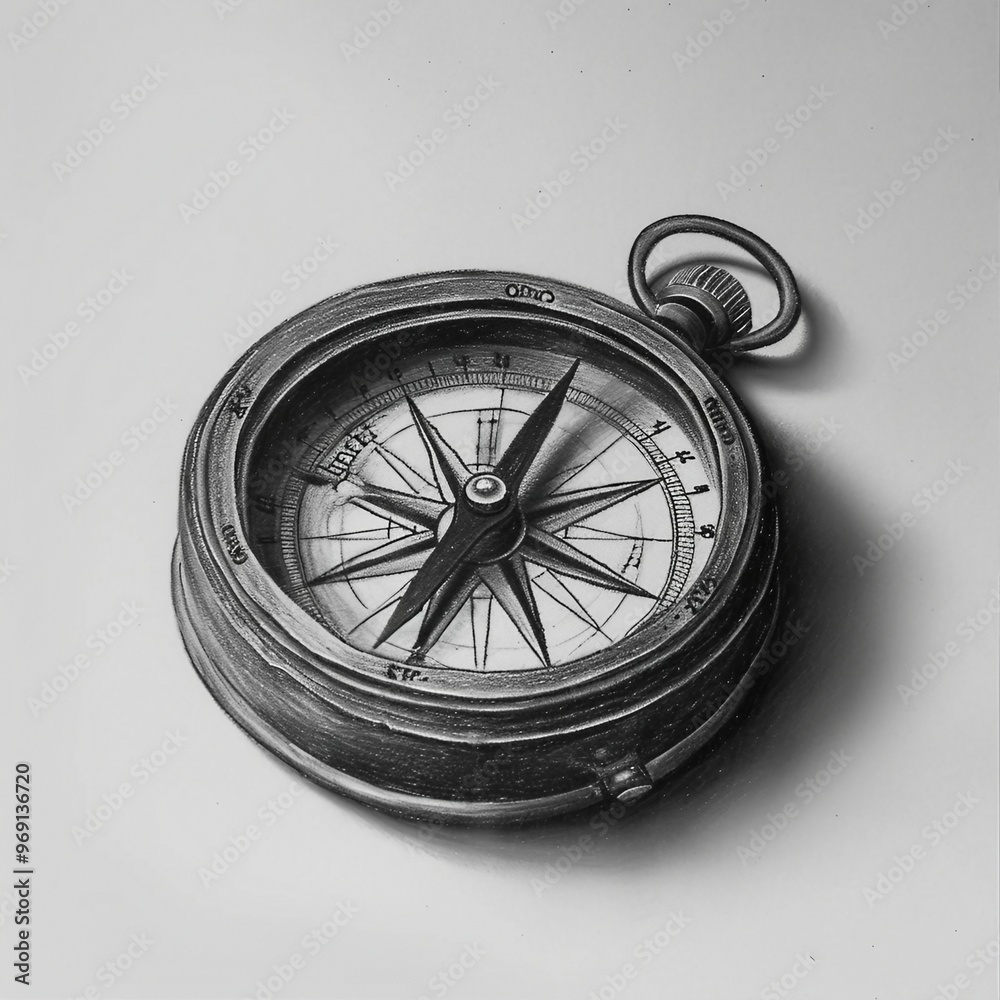 ภาพประกอบสต็อก vintage compass illustration, black and white nautical ...