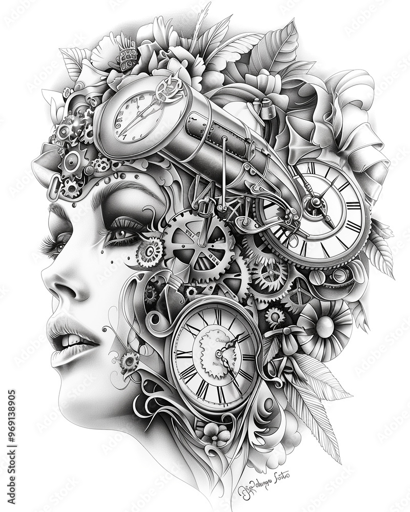 A woman's face is covered in clocks and gears. The clocks are in ...