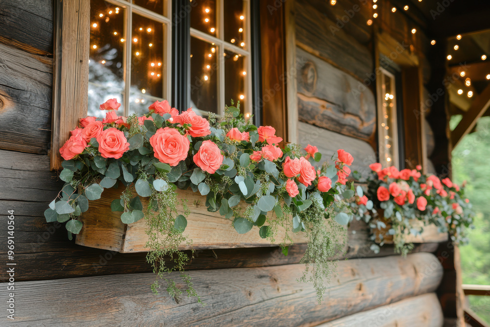 Floral window boxes with coral roses and eucalyptus on the front porch ...