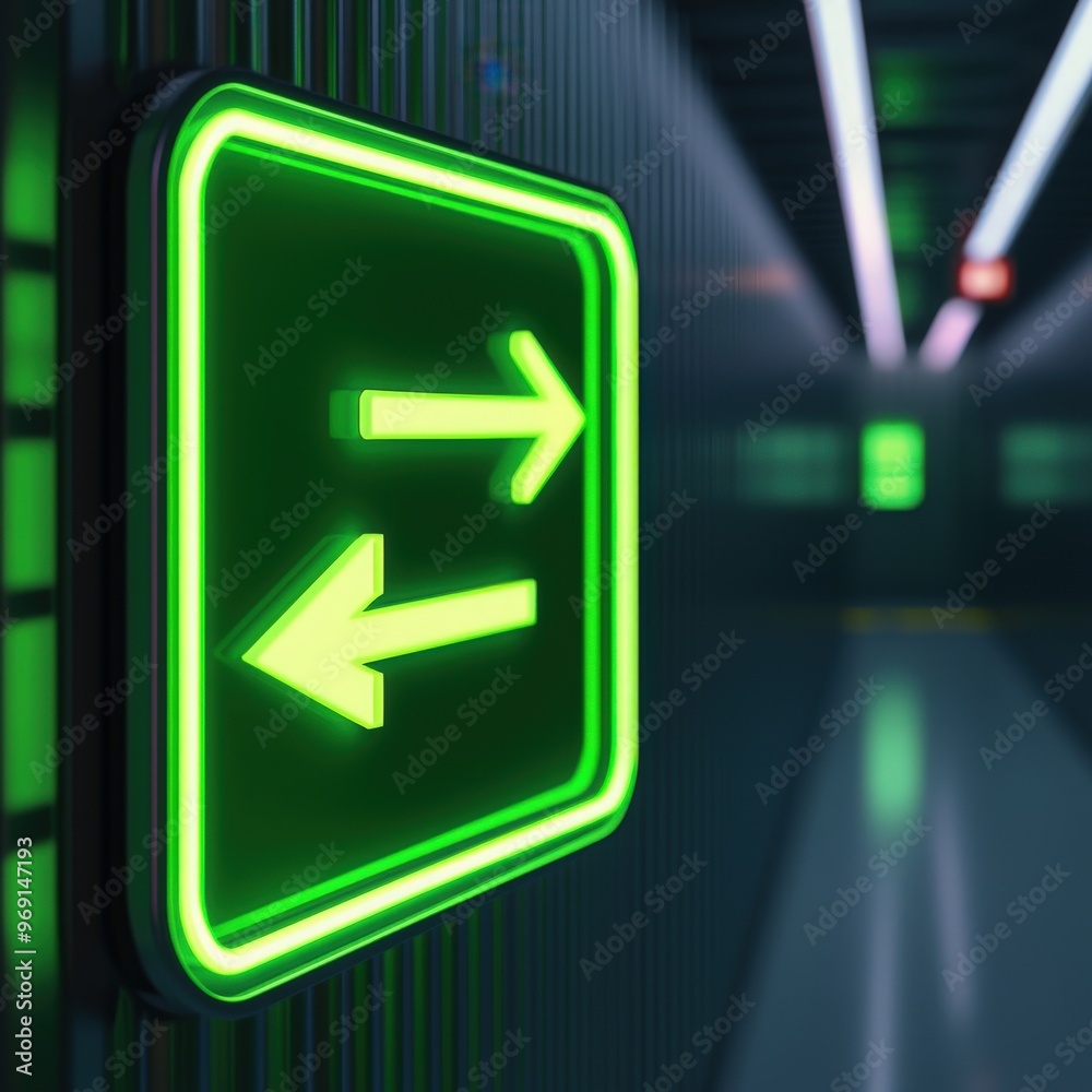 A vibrant green directional sign illuminated in a modern corridor ...