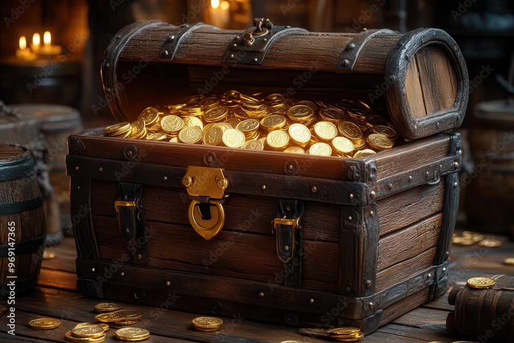 ancient wooden treasure chest overflowing with gleaming gold coins ...