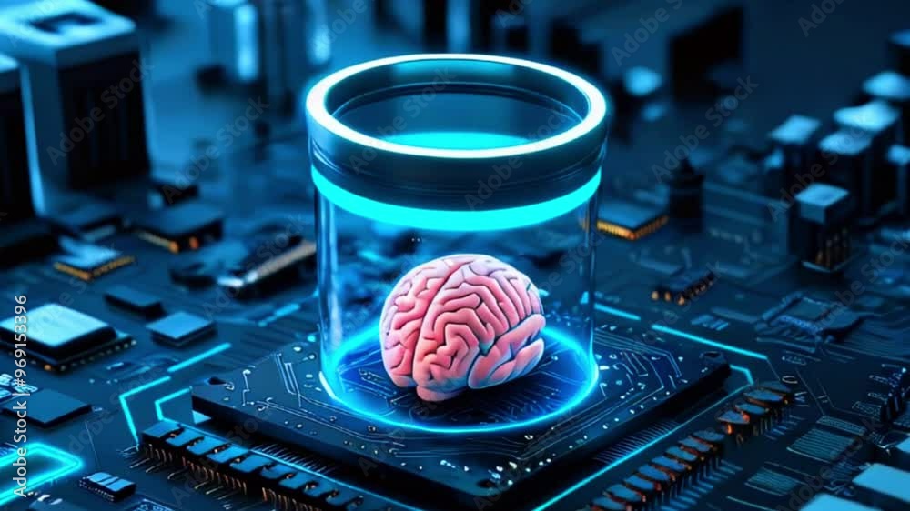 A human brain model is inside a glass tube on a circuit board ...