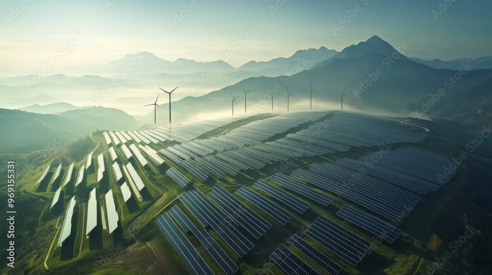 Futuristic renewable energy farms managed by AI: Solar panels and wind ...