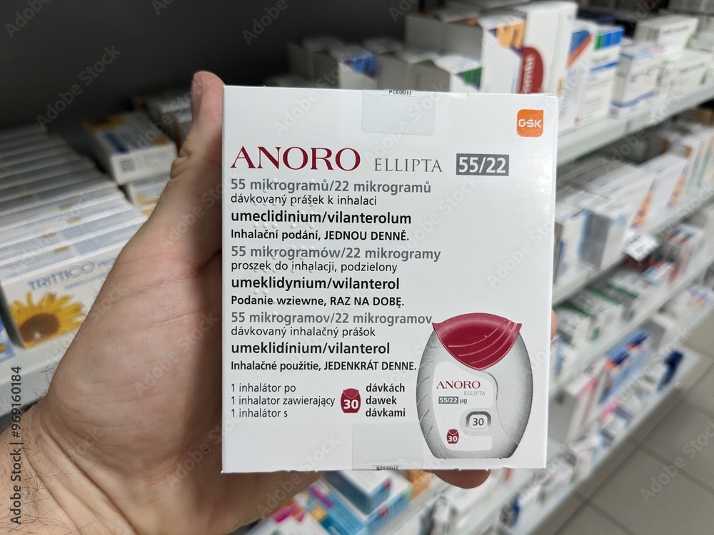 Prague, Czech Republic - SEPTEMBER 13 2024: ANORO ELLIPTA inhaler with ...