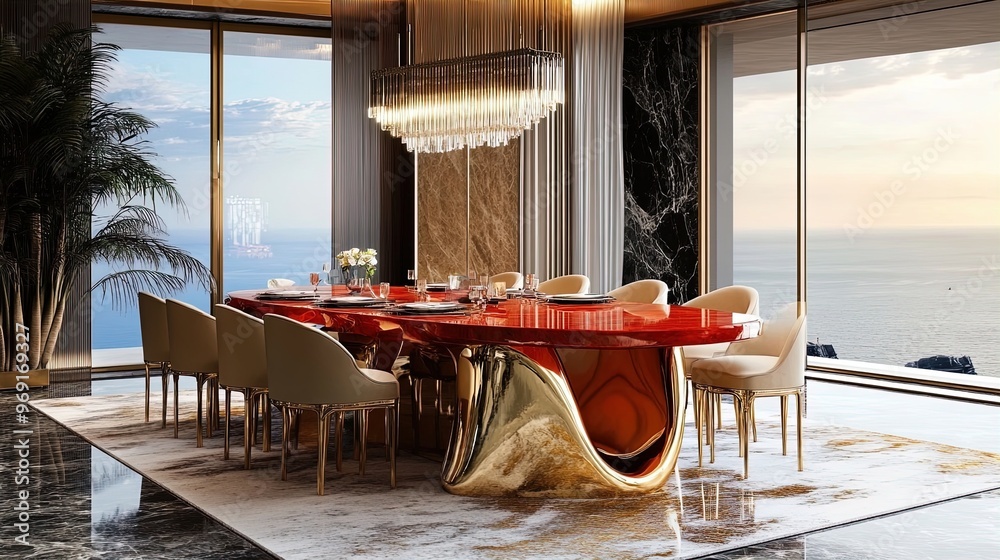 Elegant Dining Room with Artistic Gold and Red Table, Luxurious ...