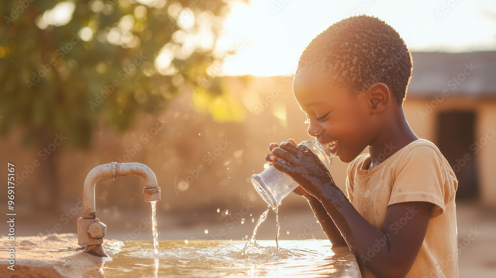 Sad Little Black African Boy Drinking Tap Water from Faucet: Thirsty ...