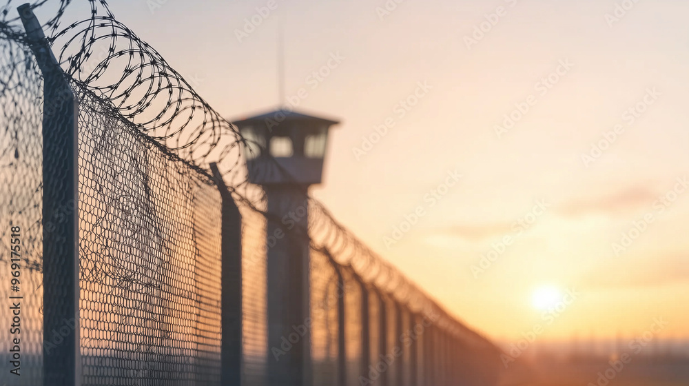Barbed Wire Fence and Guard Tower at Prison: Watchtower Wall for ...