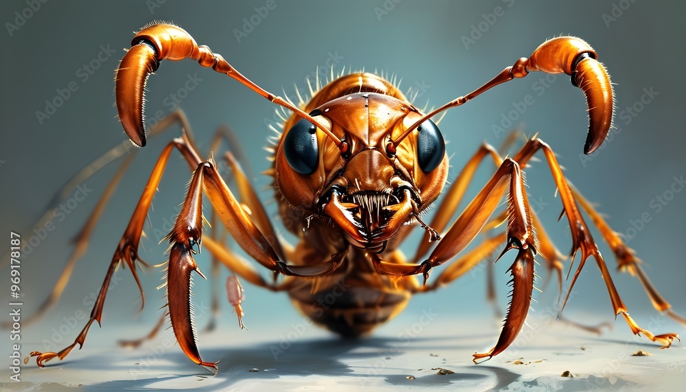Calm yet menacing Fire Ant with prominent mandibles, antennae, and six ...