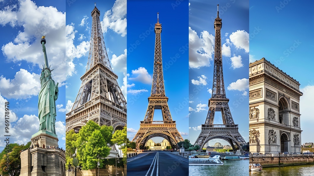 A collage of famous landmarks, including the Statue of Liberty, the ...