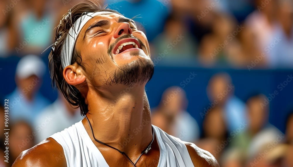 Triumphant tennis player in white celebrating joy and relief after ...