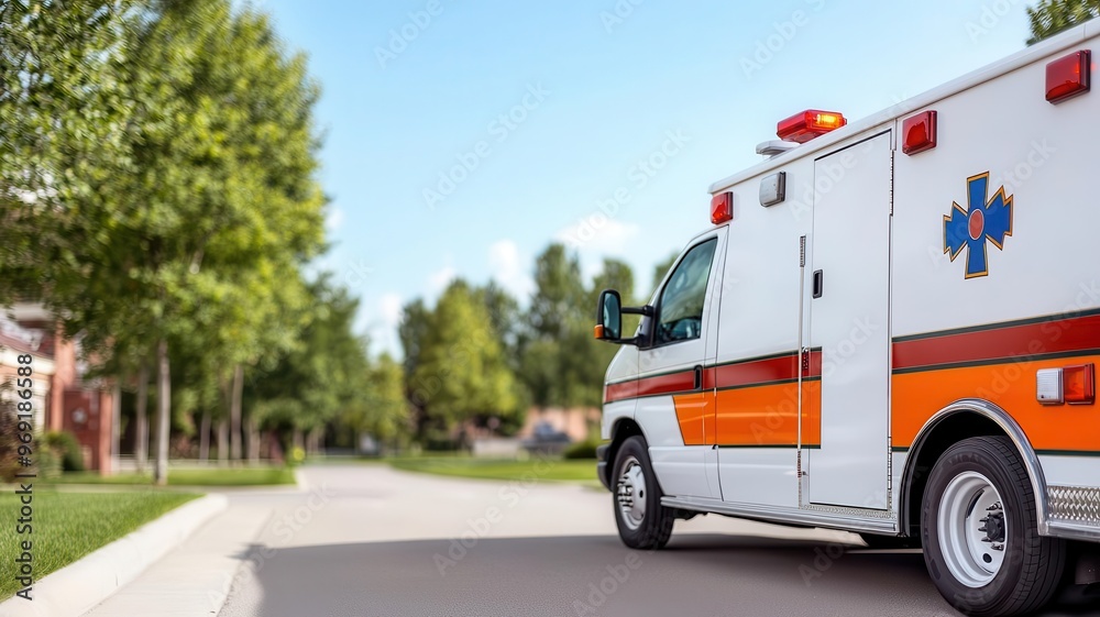 Modern hospital exterior with an ambulance parked outside, Medical ...