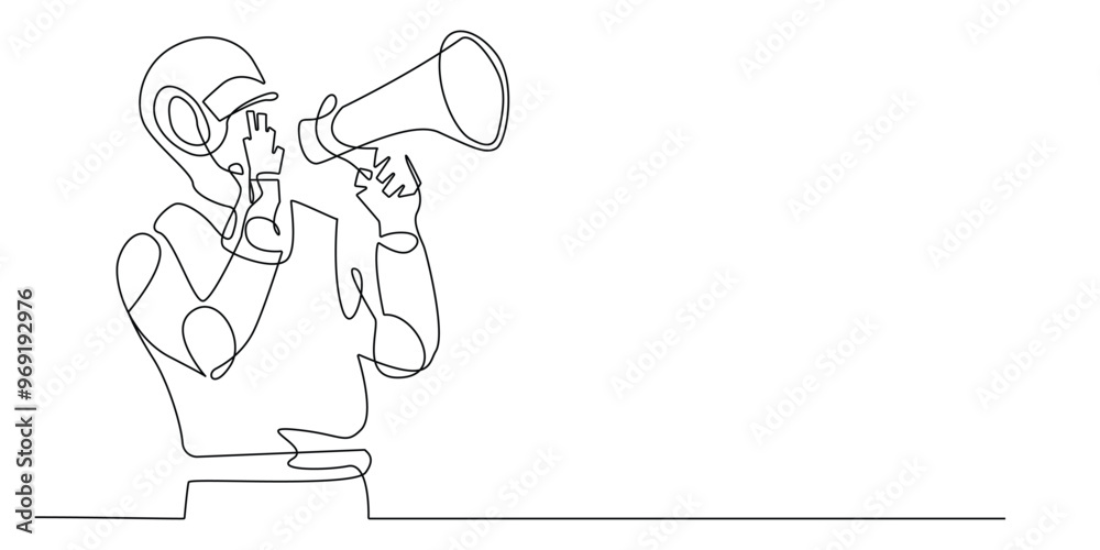 continuous line of AI robot doing promotion with loudspeaker.one line ...
