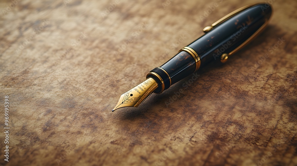 Vintage fountain pen on aged kraft paper, golden nib, antique writing ...