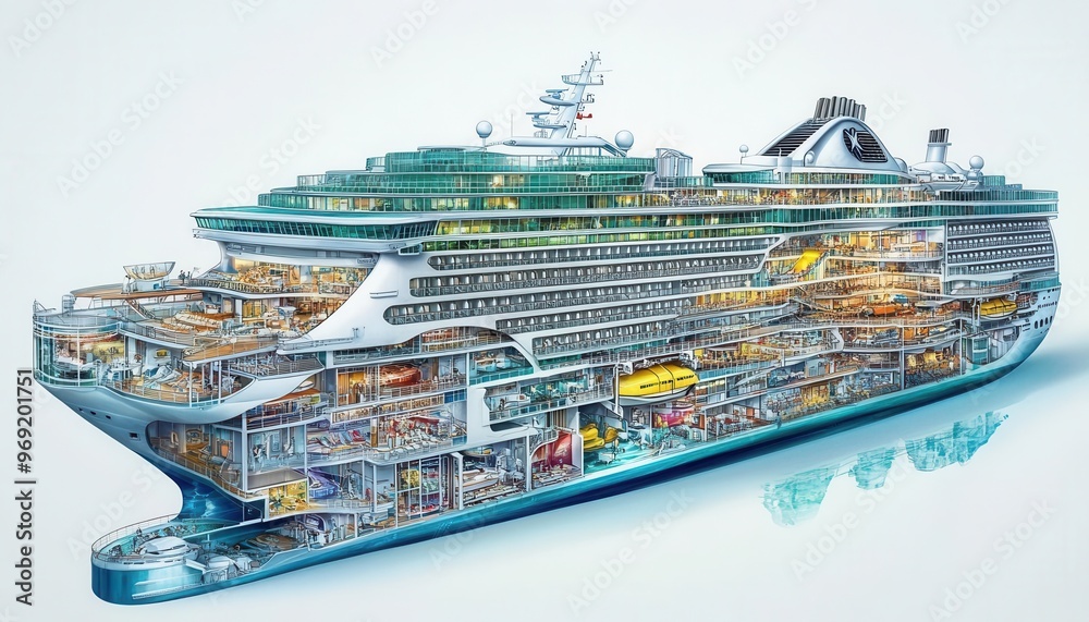Cutaway of a cruise ship displaying cabins, dining areas, and ...