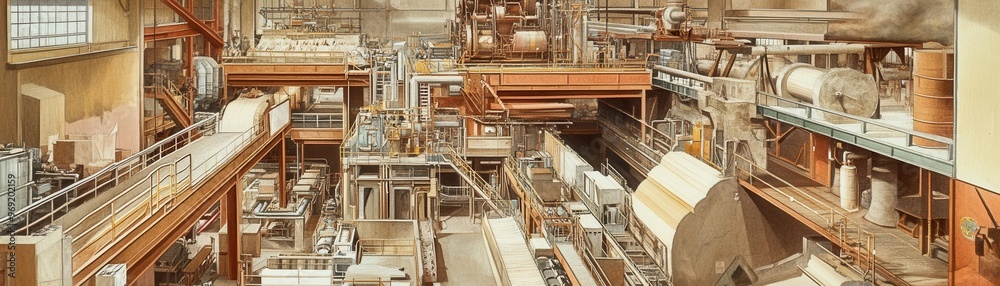 ภาพประกอบสต็อก Cutaway of a paper mill illustrating the pulping and ...