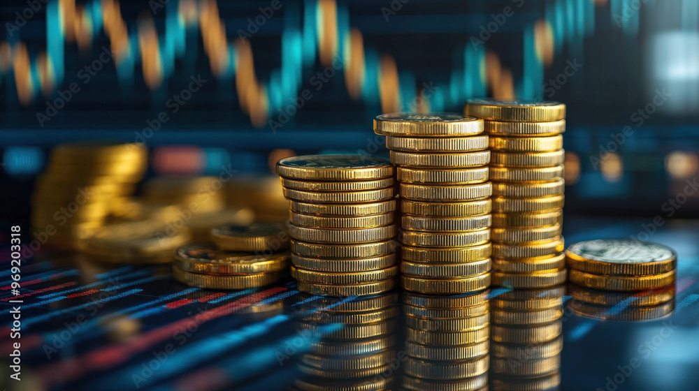 Gold Coins Growth, Stacks of gold coins with a rising stock chart in ...