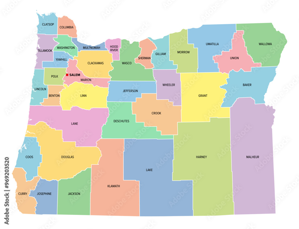 Oregon, U.S. state, subdivided into 36 counties, multi colored ...