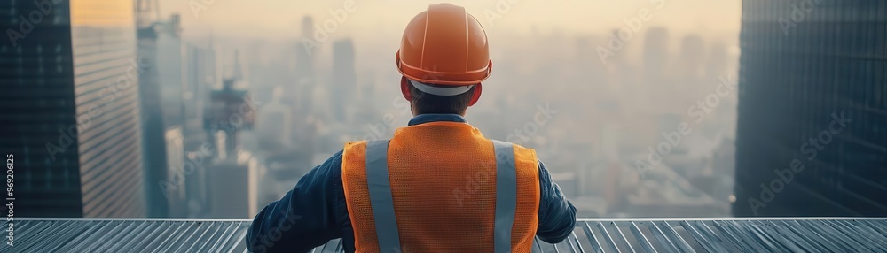 Construction worker inspecting steel framework on a skyscraper ...