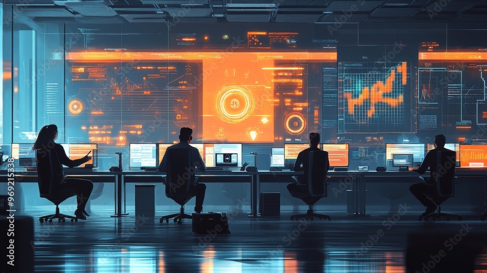 Futuristic workspace with AI collaboration tools: A group of employees ...