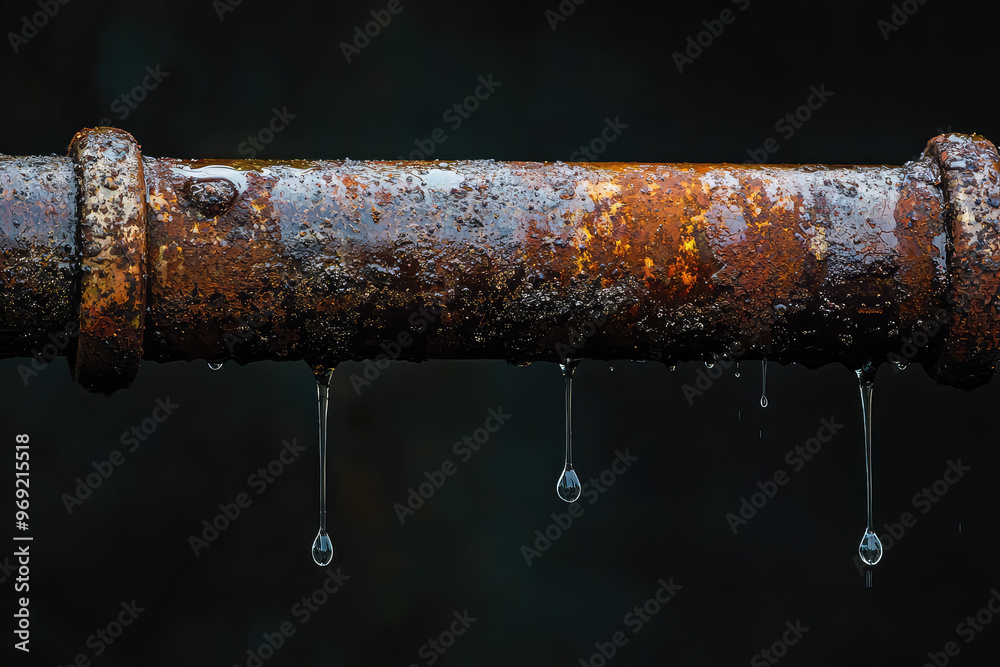 A close up of rusted metal pipe with dripping water, showcasing its ...