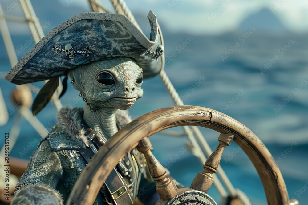 Cute stereo-typical grey alien wearing classic pirate outfit, steering ...
