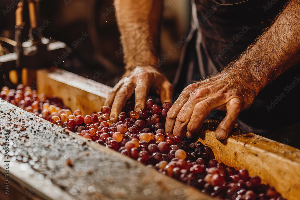 Hands destemming grapes in winemaking process, showcasing craftsmanship ...